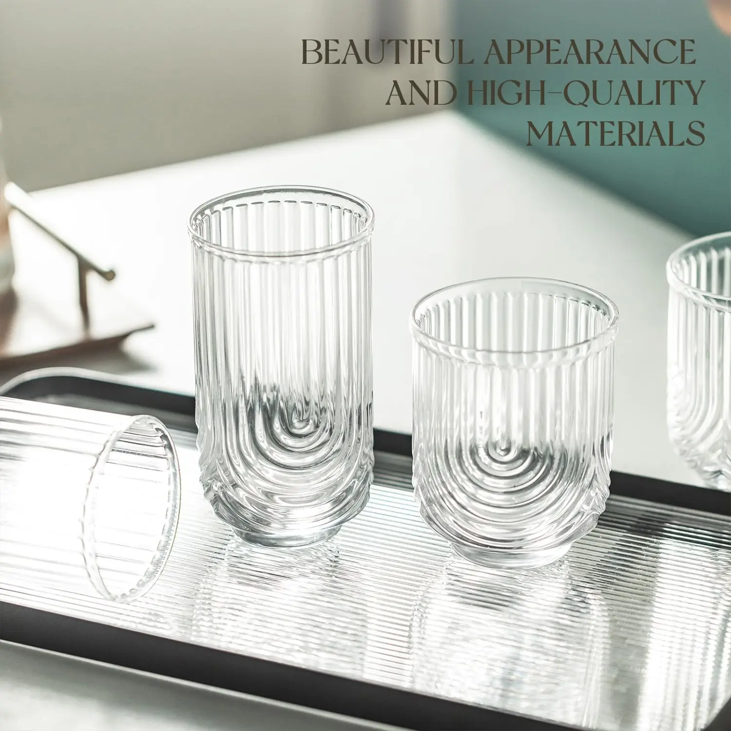Art Deco Glasses, Highball Glasses Set Of 8, Ribbed Glasses, Drinking ...