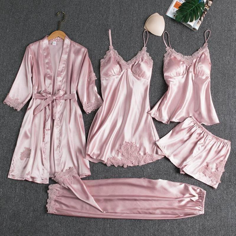 Silk Robe Sleep Suit Womens Lace Satin Pajamas Gown Set V-Neck Cami ...