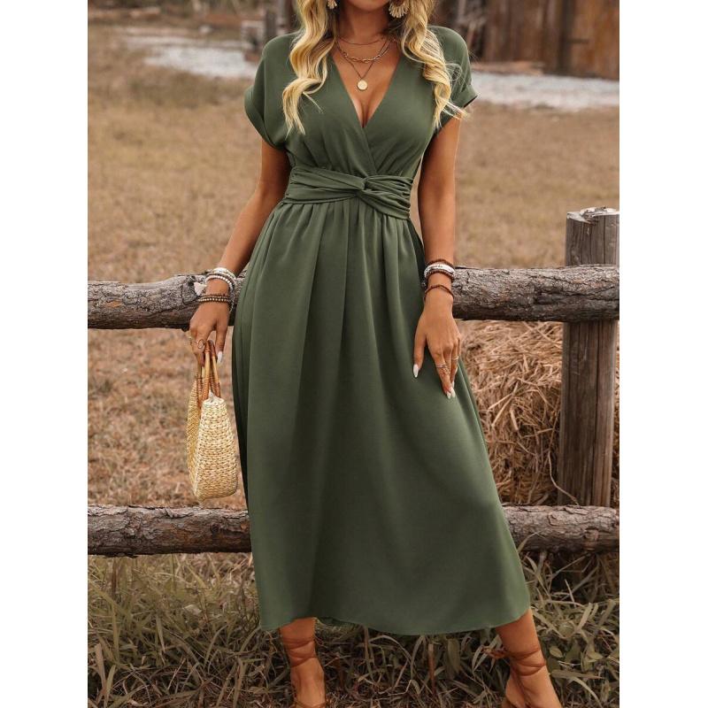 Women's Spring/Summer Bohemian Vacation Style Casual Shirred Waistline Drawstring Twist Knot ...