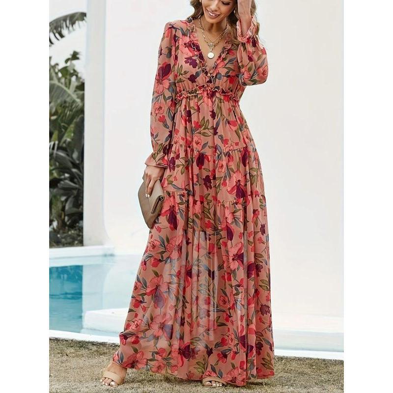 WOMEN'S floral print frill trim flounce chiffon , fashion v a line maxi ...