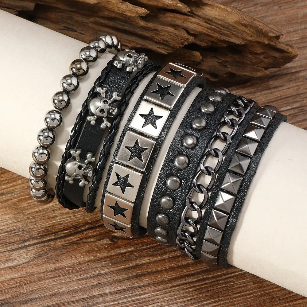 Men's Multi-Layer Black Leather Bracelet with Skull Star Spiked Hip Hop ...