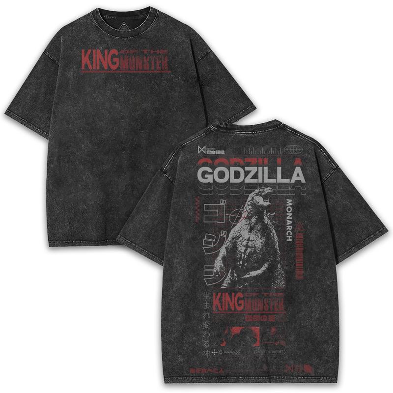 Godzilla Punk Poster Style Tee – Dual-Sided Graphic Print on Washed ...