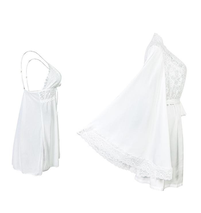 Women's Lace Trim Spaghetti Strap Nightdress & Outer Robe Set with Belt ...