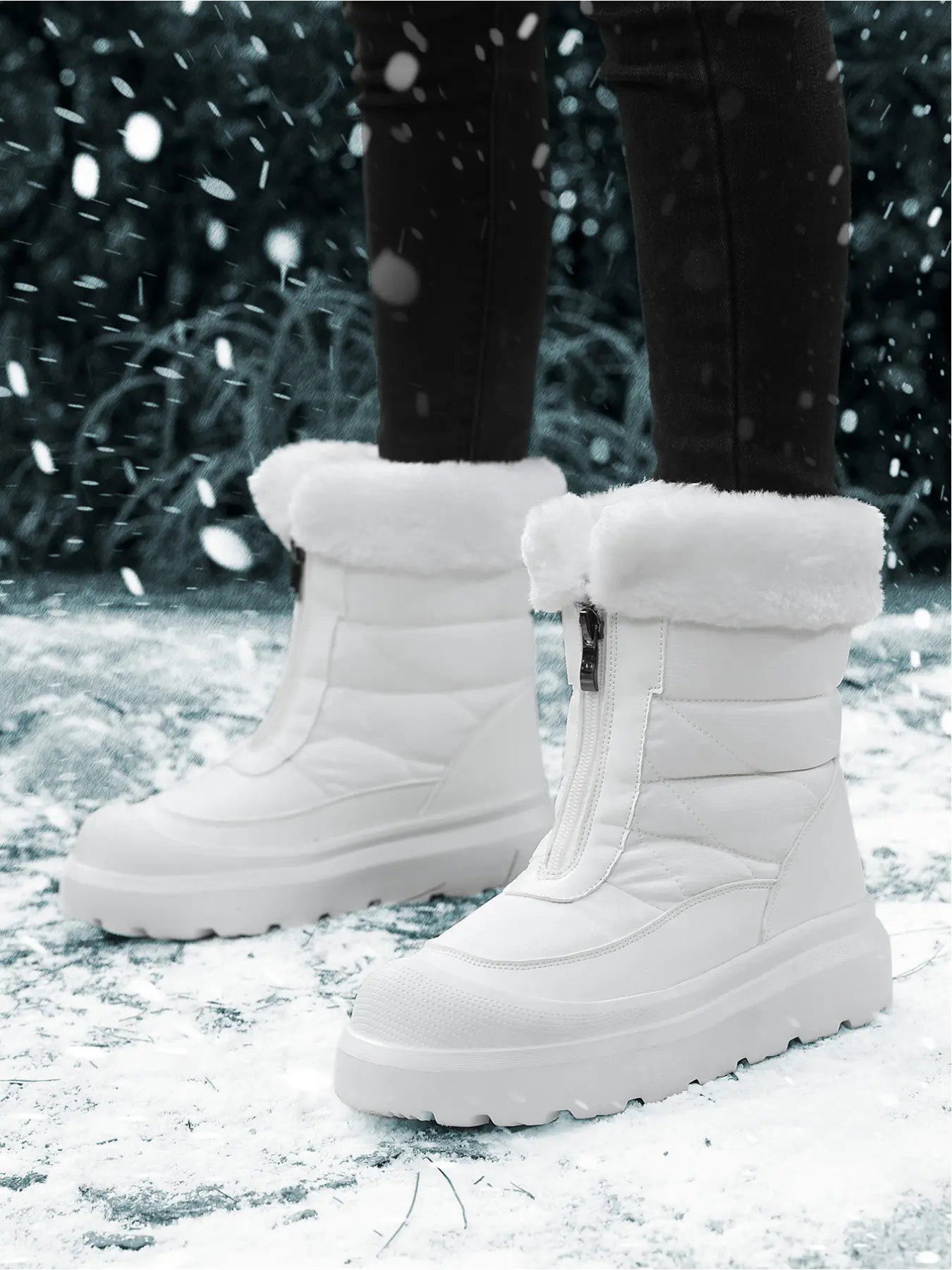 Women's Black Fleece-Lined Fluffy Snow Boots - Zip-Up Quilted Warm ...
