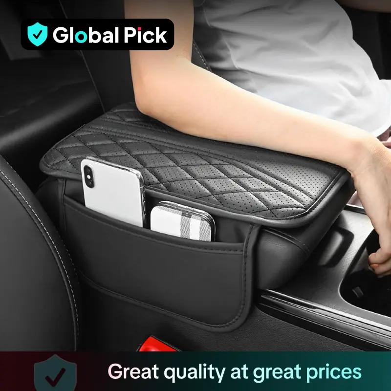 Car Armrest Box Heightening Pad with Side Storage Bag, PU Leather Car ...