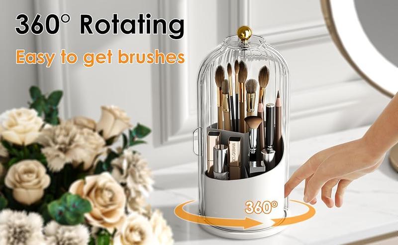 Dustproof Rotating Toothbrush & Makeup Brush Holder with Cover, 3-Slot ...