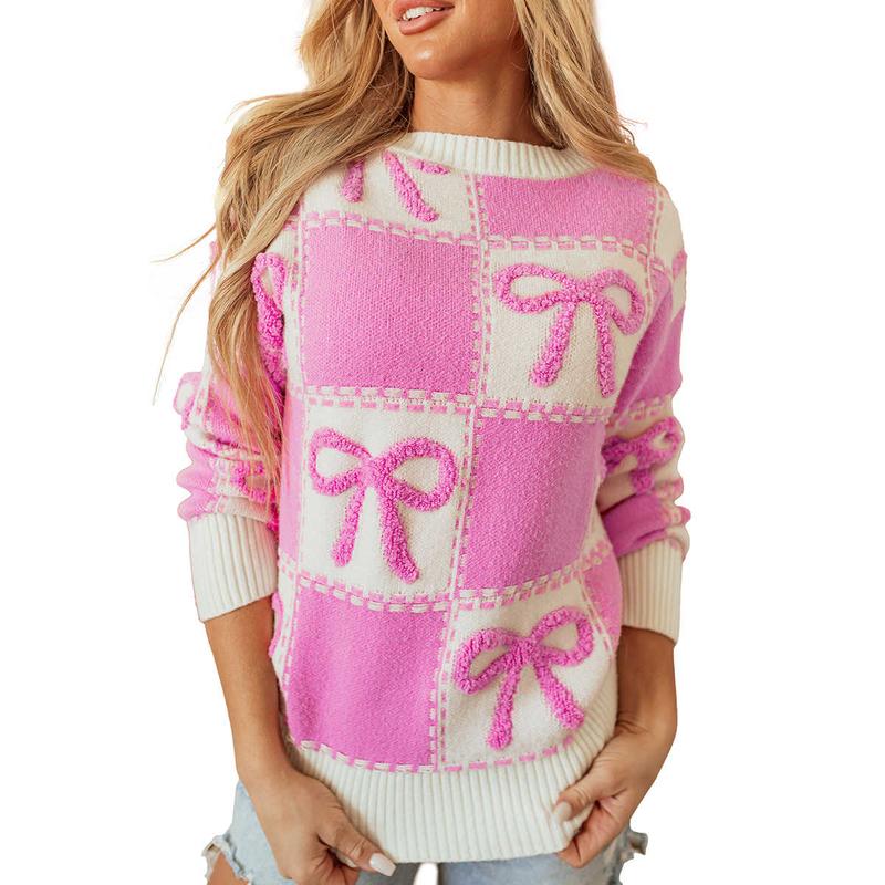 Chic Pink Bow Knot Two Tone Checkered Crew Neck Sweater for Women ...