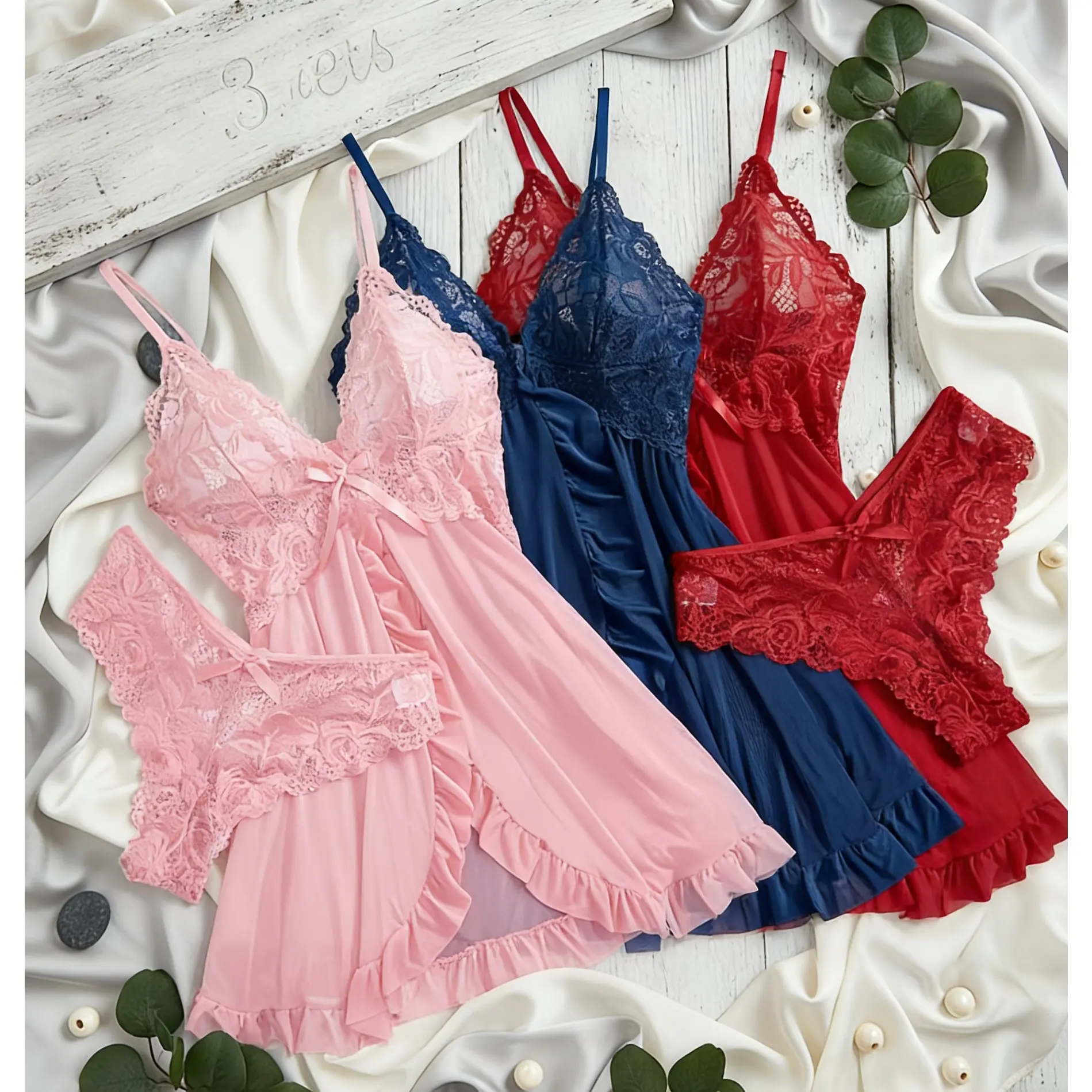 3Sets 3Colors Sets(red+blue+pink) V-Neck Sexy Contrast Lace Mesh ...