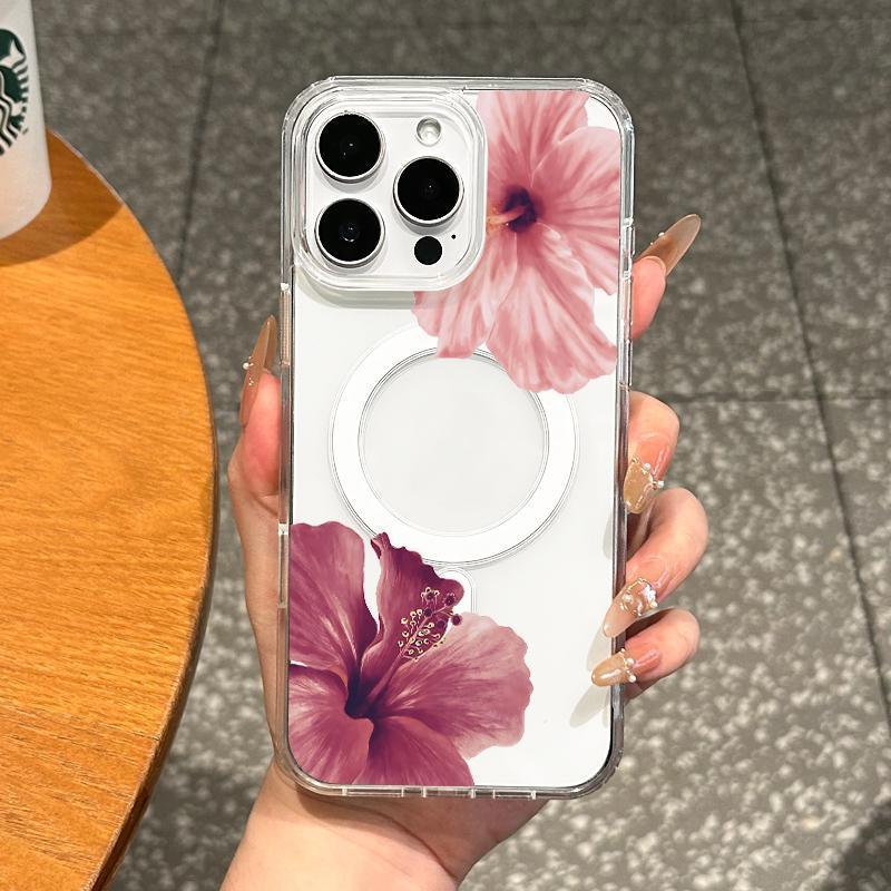 Girly Magnetic Case for iPhone11/12/13/14/15/16/promax, Pink hibiscus ...