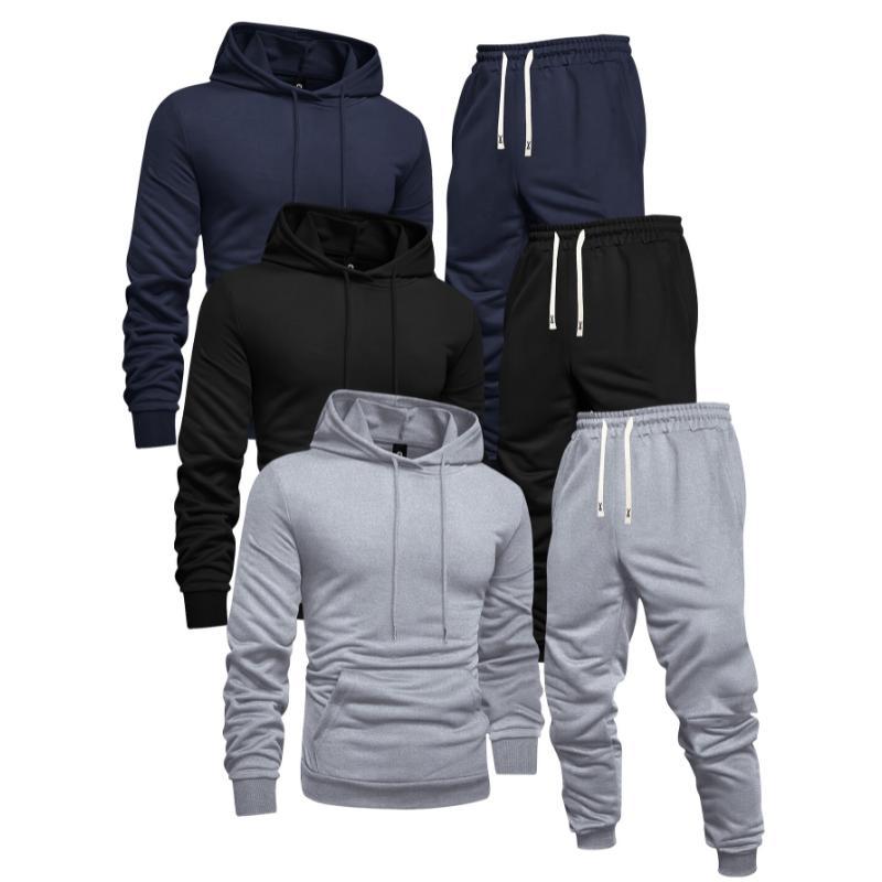 3-Pack Men'S Casual Sports Hoodie and Sweatpants Set, Solid Color, Long ...