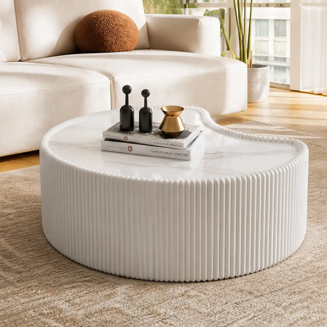 ARCH Modern Round Coffee Table with Sintered Stone Top and PU Leather ...