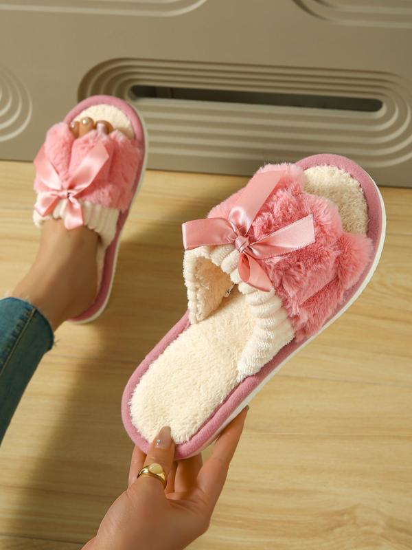 Women's Cute Bowknot Design Plush Slippers, Casual Soft Comfortable ...