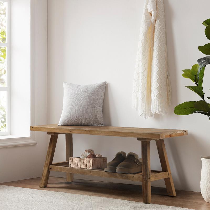 PieDle Furniture 2-Tiers Solid Wood Bench-43.3" Farmhouse Entryway Bench with Storage Shelf ...