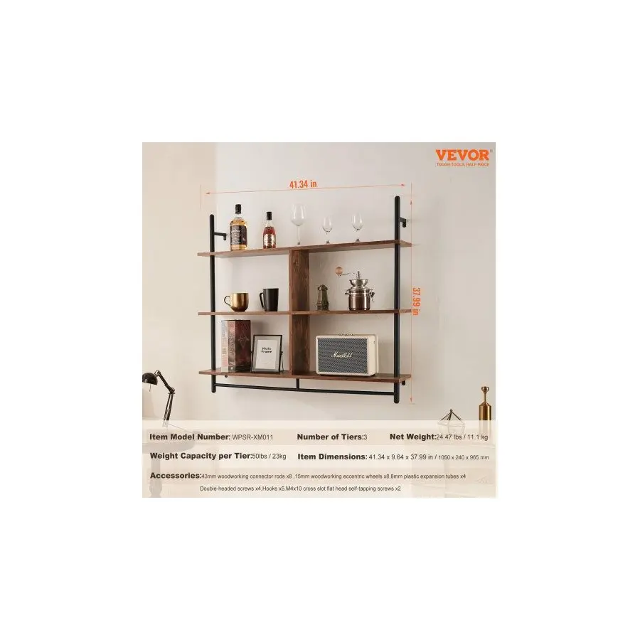 VEVOR Industrial Pipe Shelf, 3 Tier 41.5x9.84in, Wall-Mount Floating ...