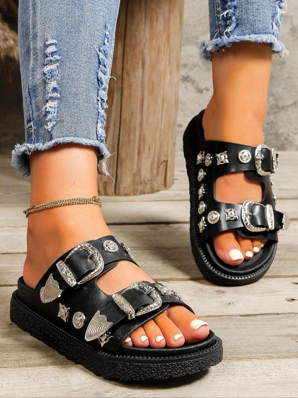 Women's Fashionable Punk Style Studded Decorated Platform Double Buckle ...