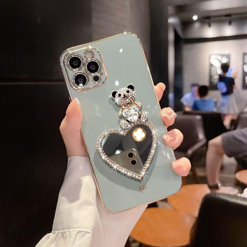 Pink Electroplated Gemstone Heart Bear Mirror Phone Case Suitable for ...