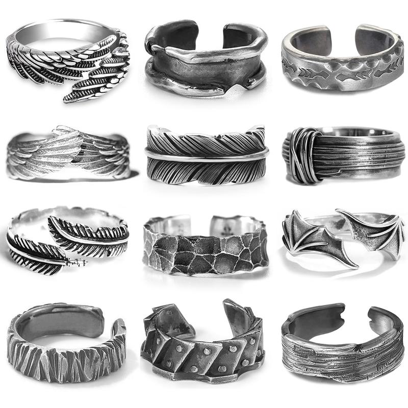 12Pcs Vintage Rings for Men Cool Adjustable Angel Wings Ring Goth Punk ...