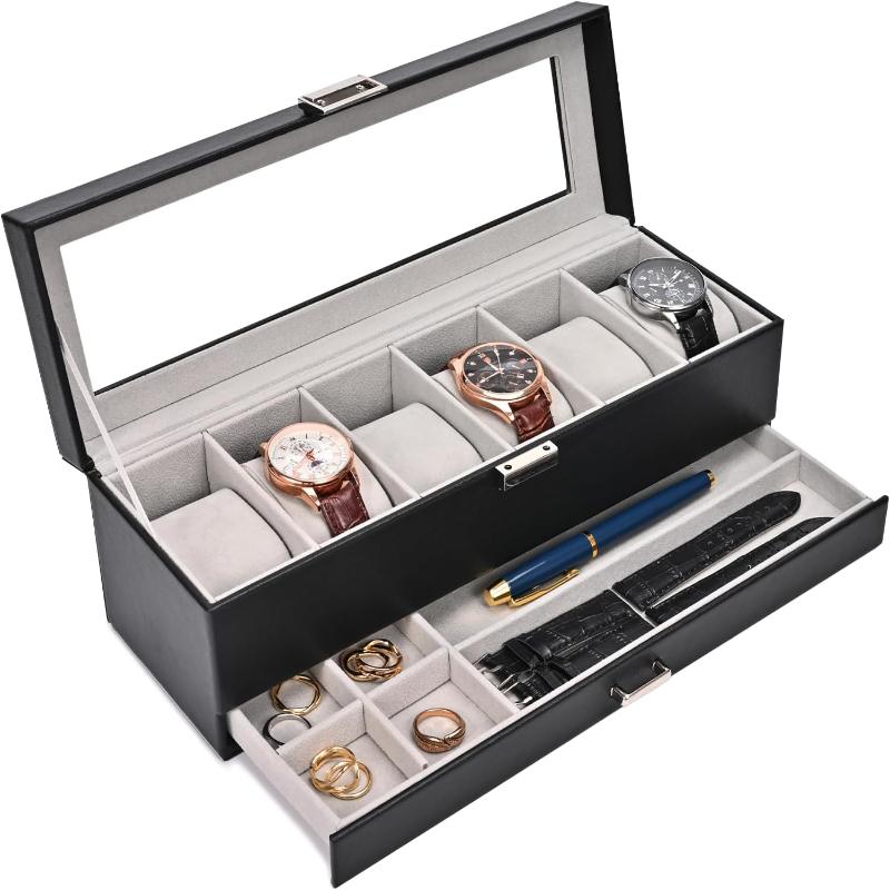 Watch Box, 6 Slot Watches Display Case with Drawer, Mens Watch Case ...