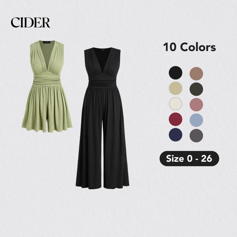 Cider [10 colors, size 0-26] V-neck Ruched Solid Wide Leg Jumpsuit - TikTok Shop