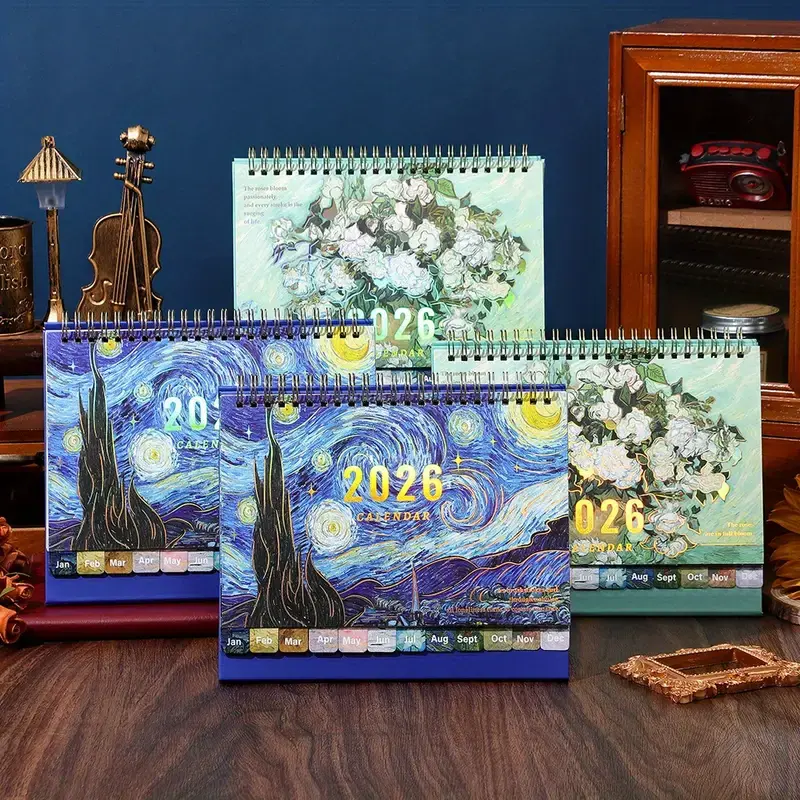 2026 Vintage Painting Desk Calendar with Sticker Month Index - Artistic ...