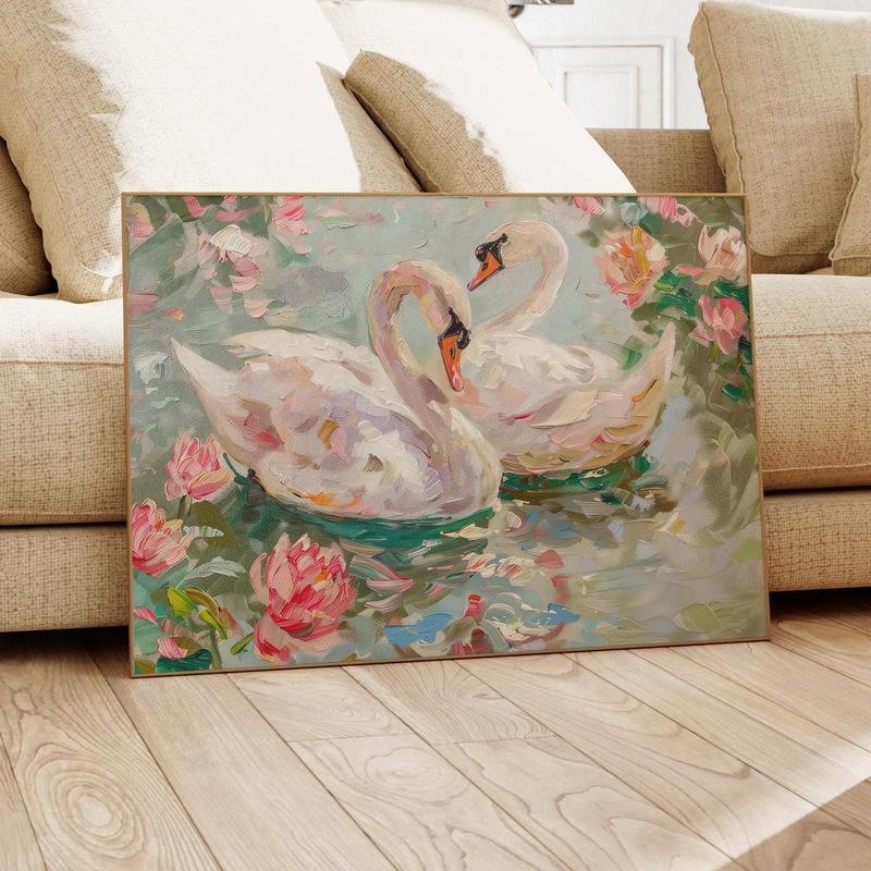 Unframed, Room Decor, Pastel Swan in a Pond Printing Print, Soft Pastel ...