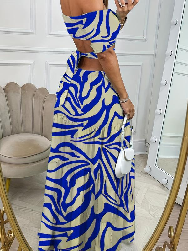 Printed One-Line Collar Short-Sleeved Long Dress with Hollow Waist ...