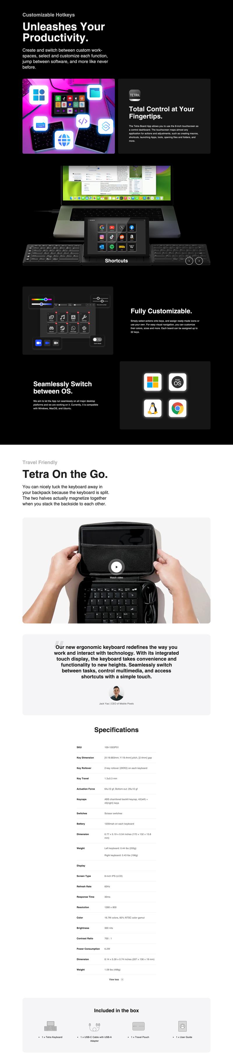 Mobile Pixels Tetra Keyboard with 8" Touchscreen, Customizable Hotkeys ...