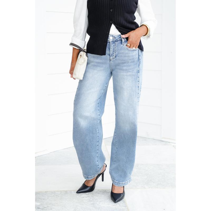 Risen Mid Rise Medium Wash Wide Leg Jeans with Leg Snap For Barrel Fit ...