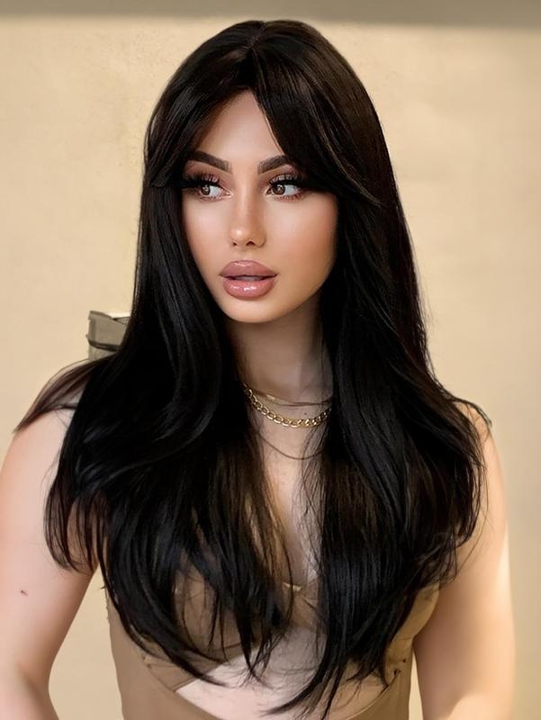 18inch Linen brown Wig With Bangs Long Wavy Curly Glueless Fringe ...