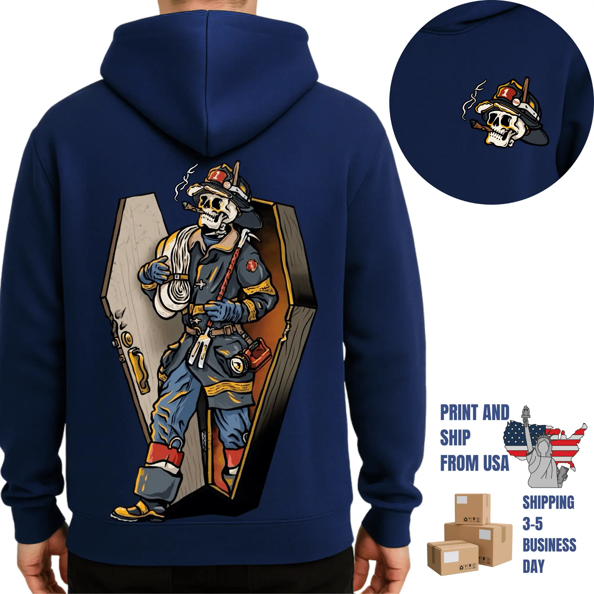 Coffin Door Firefighter Skull Hoodie, 2 Sides, bold firefighter artwork ...