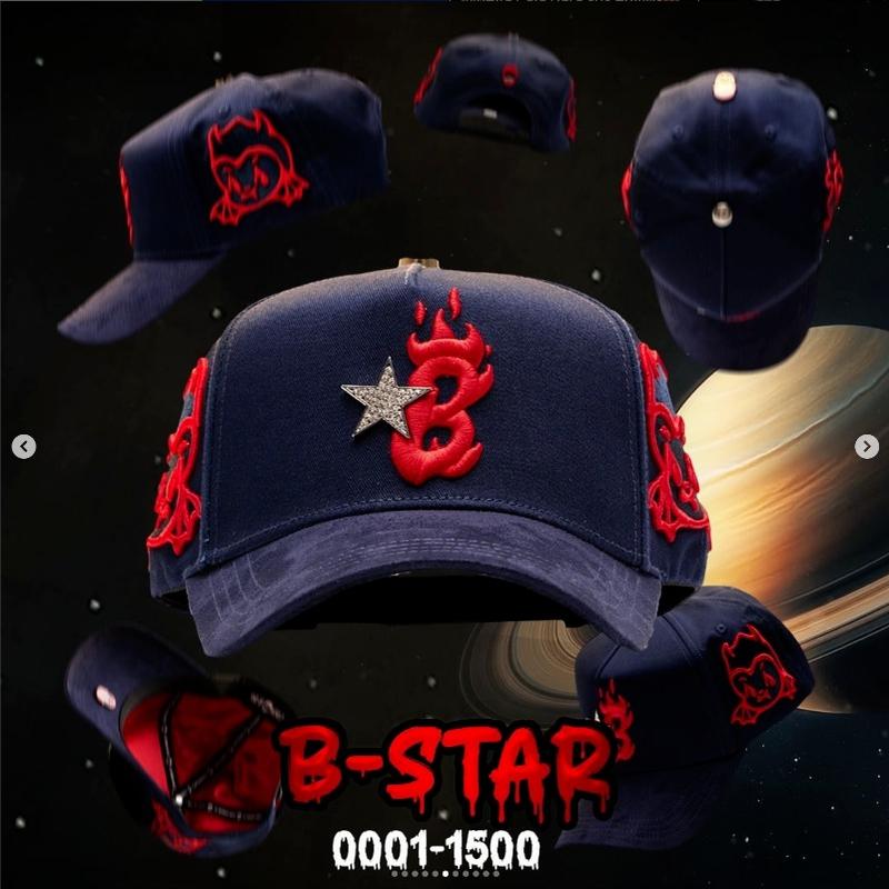 Bold Red Flame & 'B' Logo Cap: Navy Blue Statement Headwear with Sparkle Accent - TikTok Shop