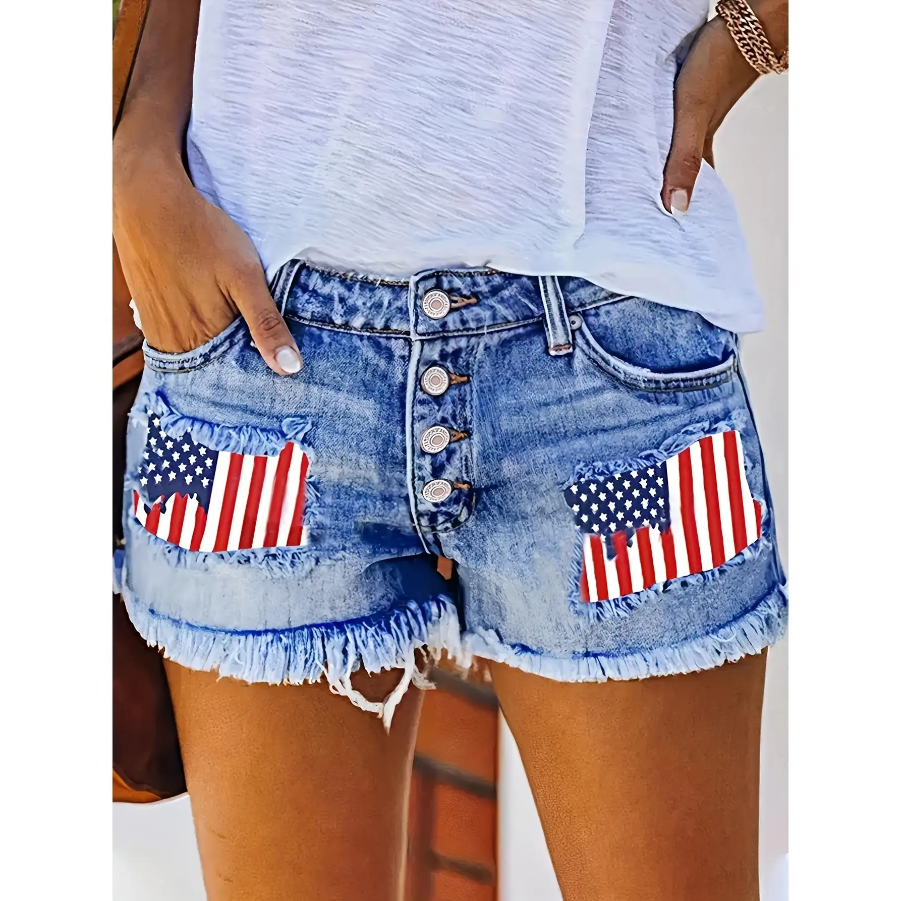 Women'S Patriotic American Flag Denim Shorts - High-Waisted, Frayed ...