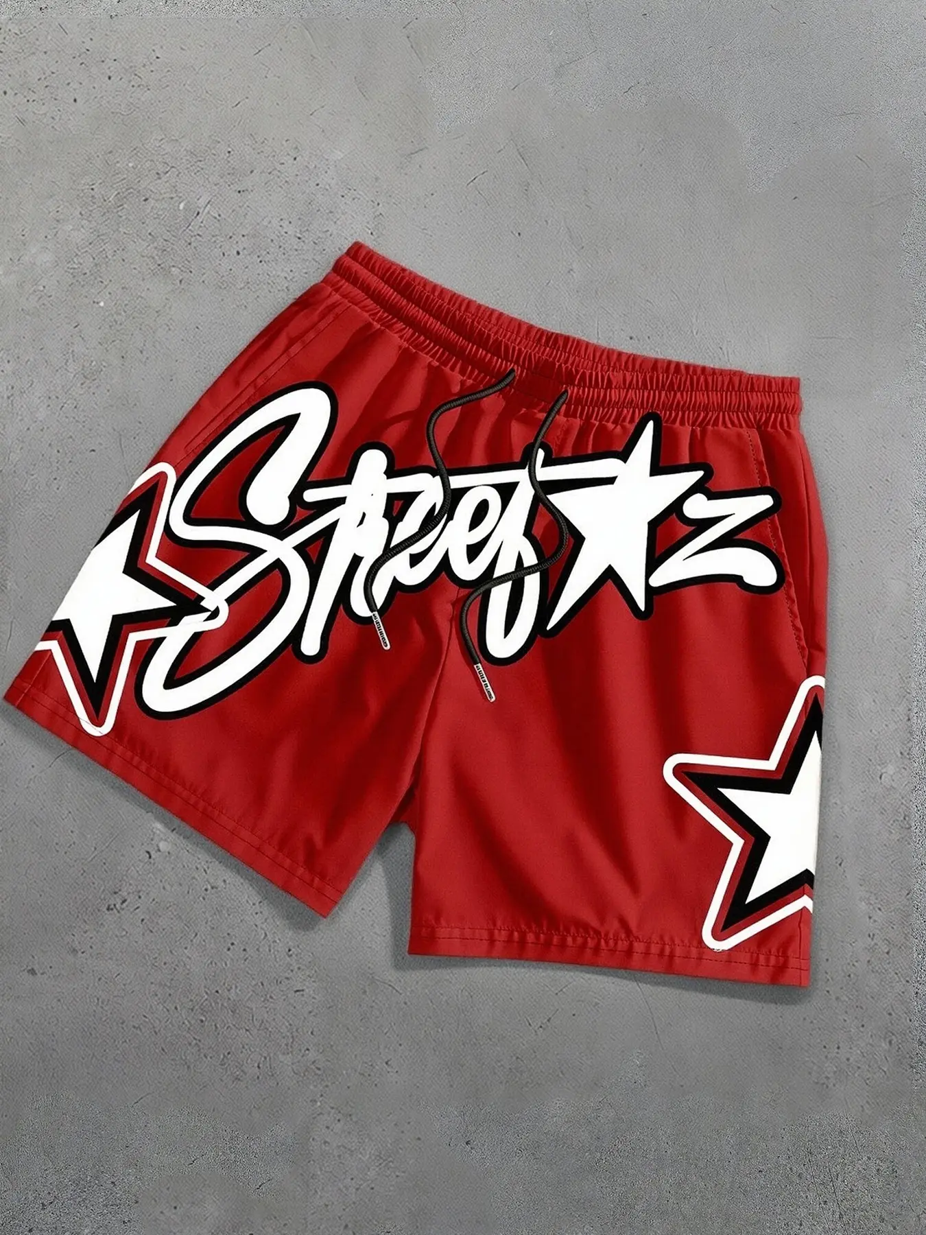 Men's Red Graffiti Star Print Drawstring Athletic Shorts, Casual Summer ...