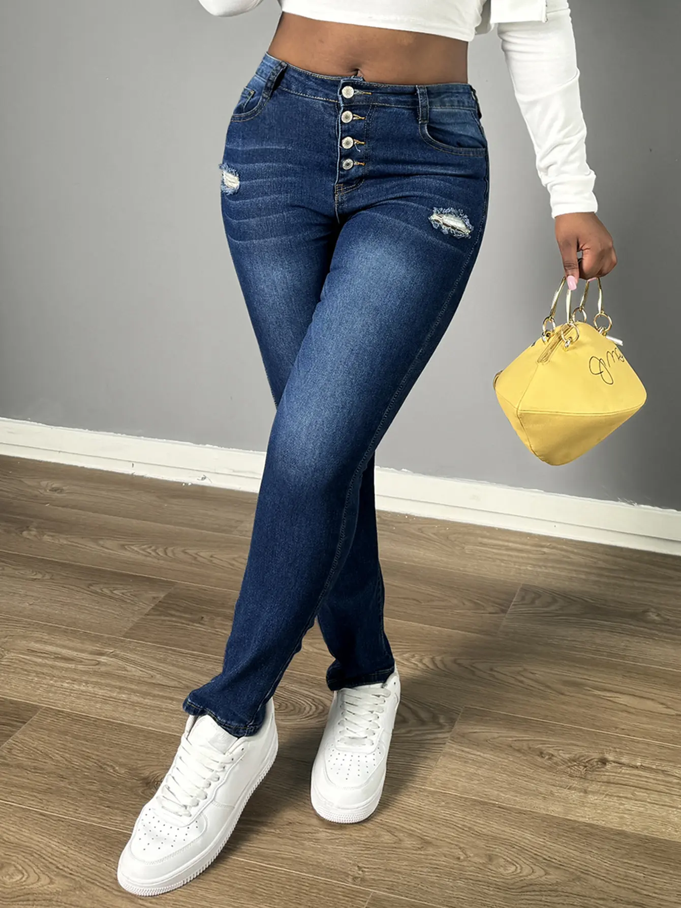 Women's Low-Waisted Dark Blue Denim Jeans with Distressing - TikTok Shop