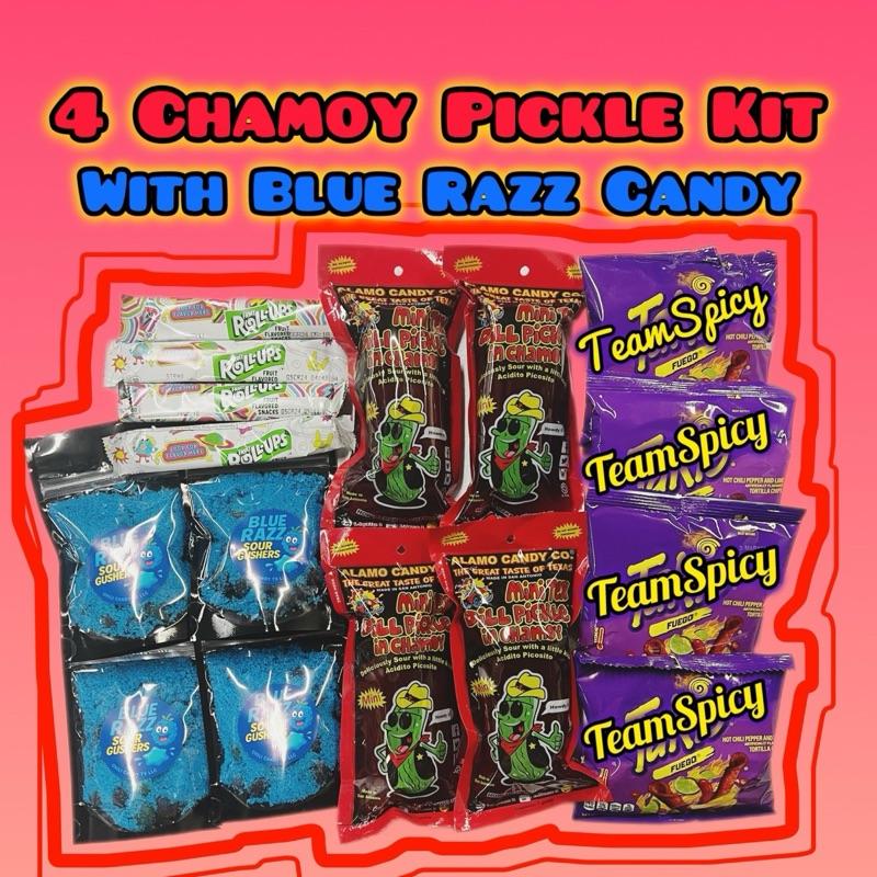 4 Chamoy Pickle Snack Kits with Fruity Rolls, Crunchy Chips & Blue Razz ...
