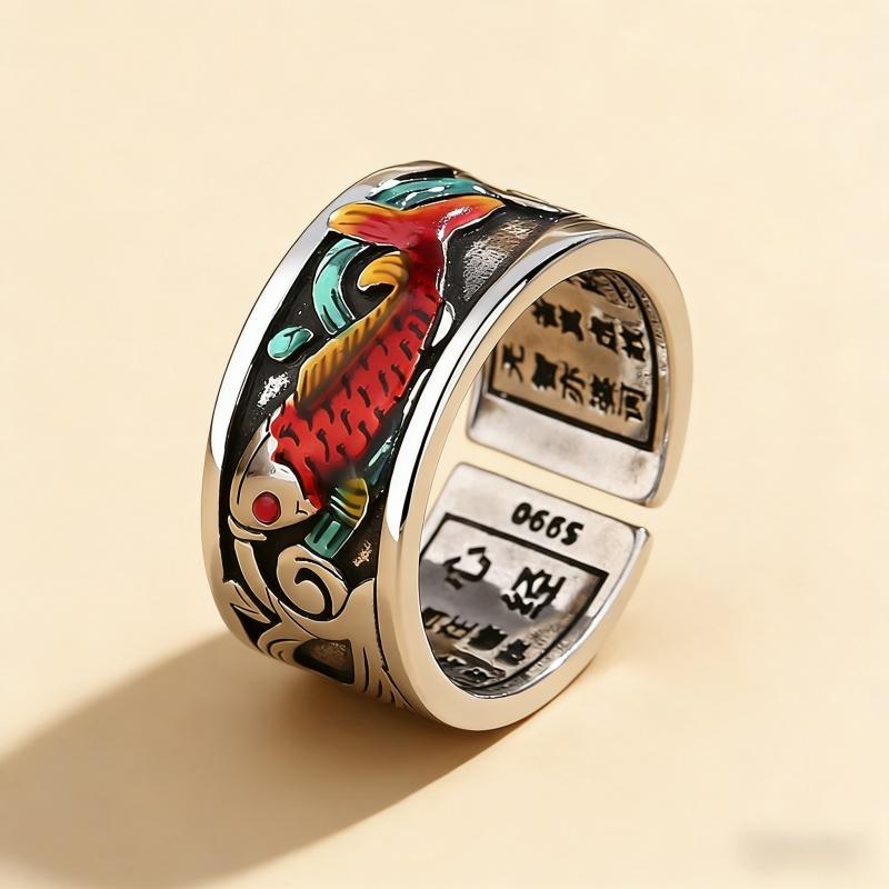 BuddhaStones Adjustable Copper Inlaid Zircon Koi Fish Heart Sutra ...