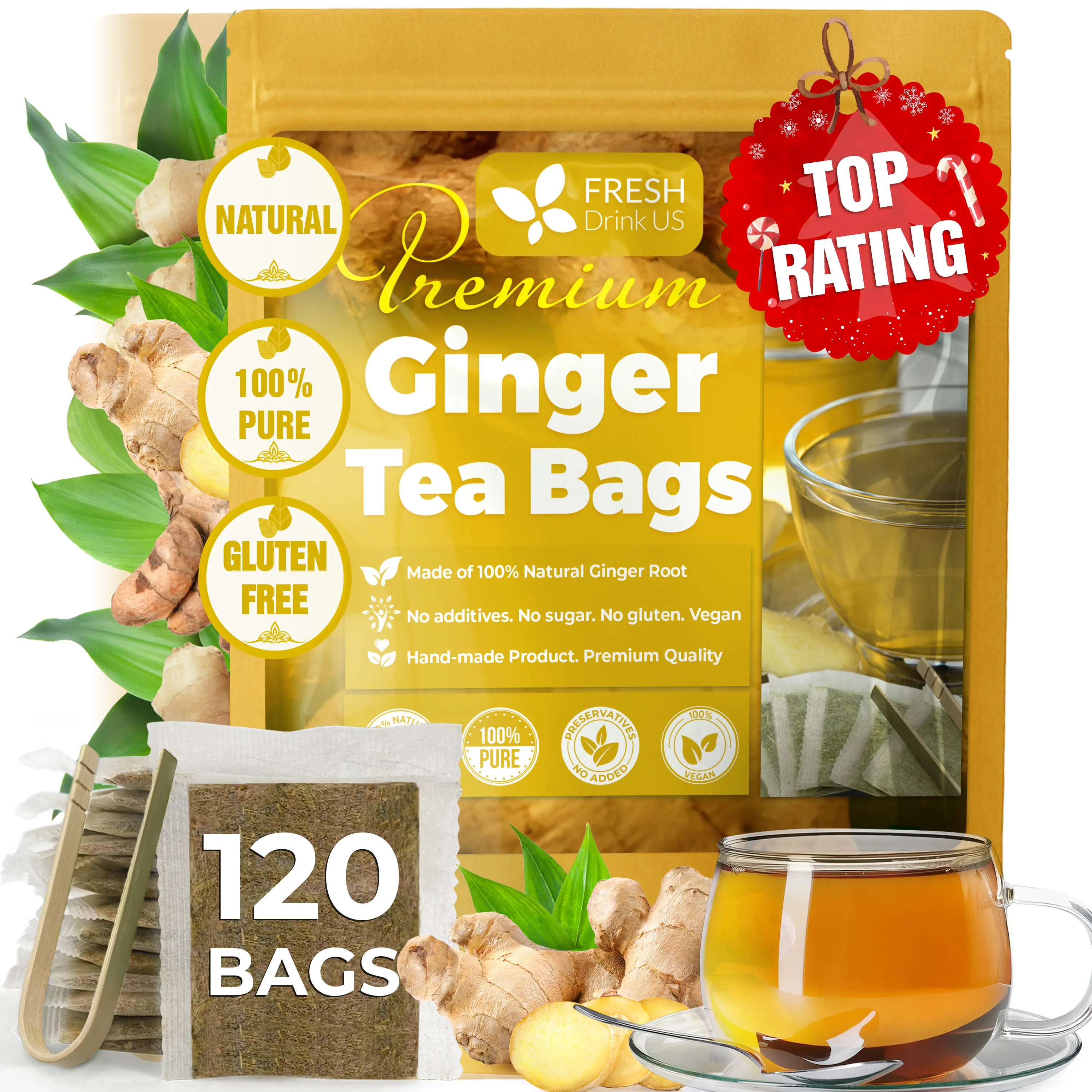 【FreshDrinkUS】 150 Premium Ginger Tea Bags, 100% Natural & Pure from ...
