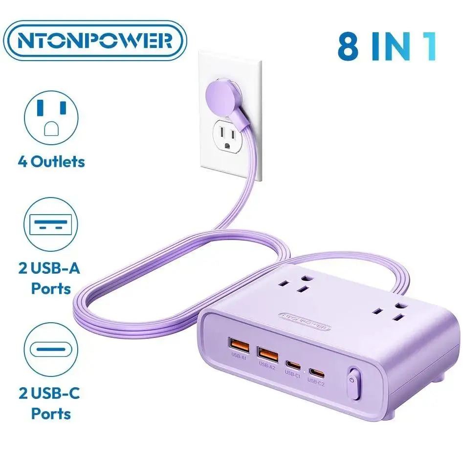 NTONPOWER Desk Power Strip with USB C, Purple Flat Plug 8-in-1 (4 AC ...