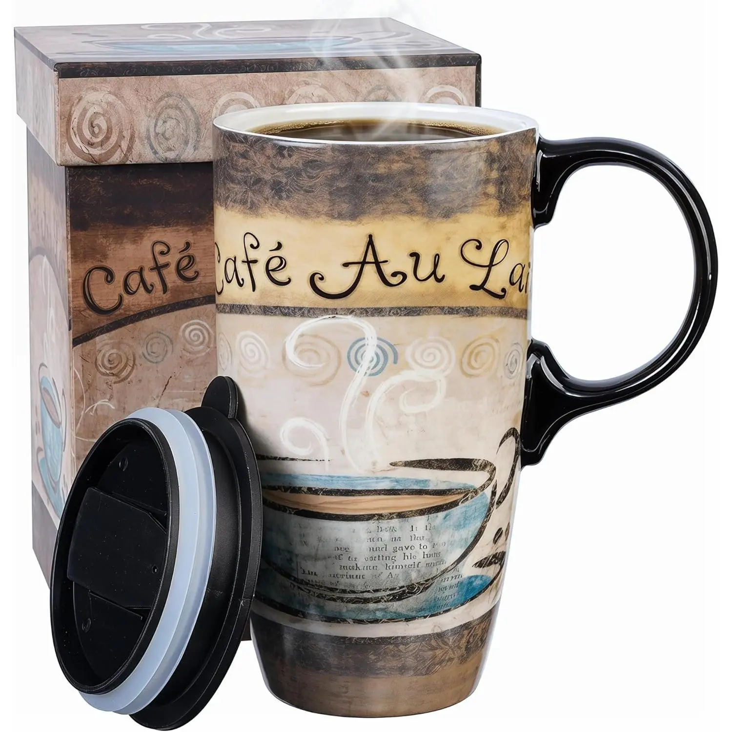 17oz Ceramic Travel Mug with Lid, Cafe Au Lait Coffee Cup, Spill Proof ...