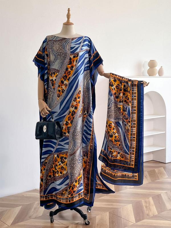 Women's Dress & Bandana Set, Casual Printed Long Dress & Scarf Set ...