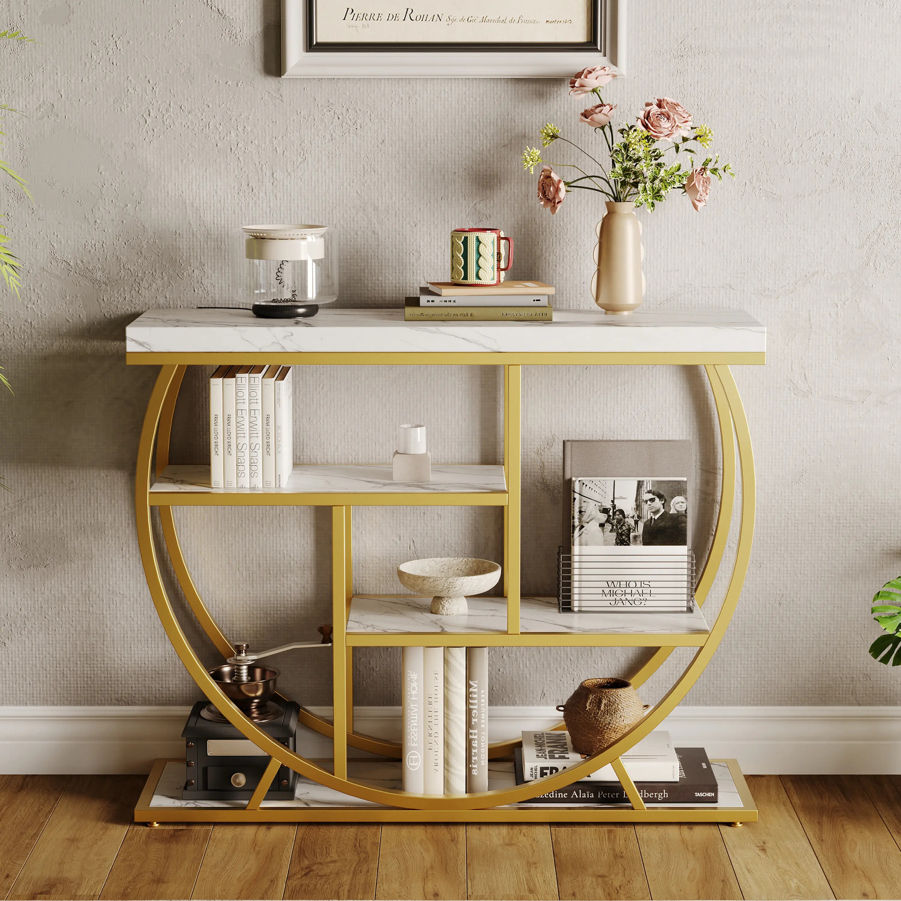 39" Narrow 4-Tier Farmhouse Console Table - Circle Base Wooden Sofa ...