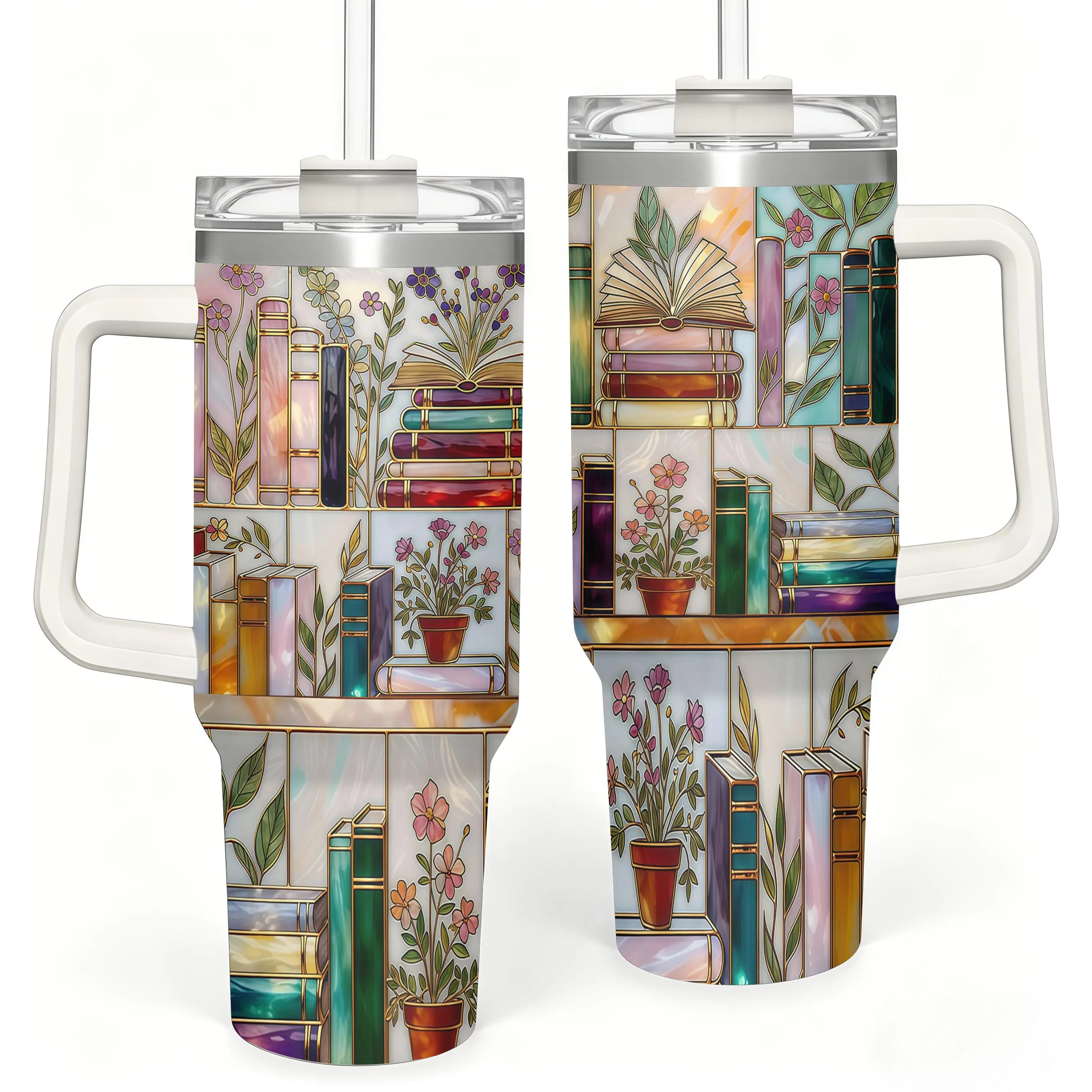 Stained-Glass Book Design 40oz Tumbler, Floral Bookshelf Tumbler, Book ...
