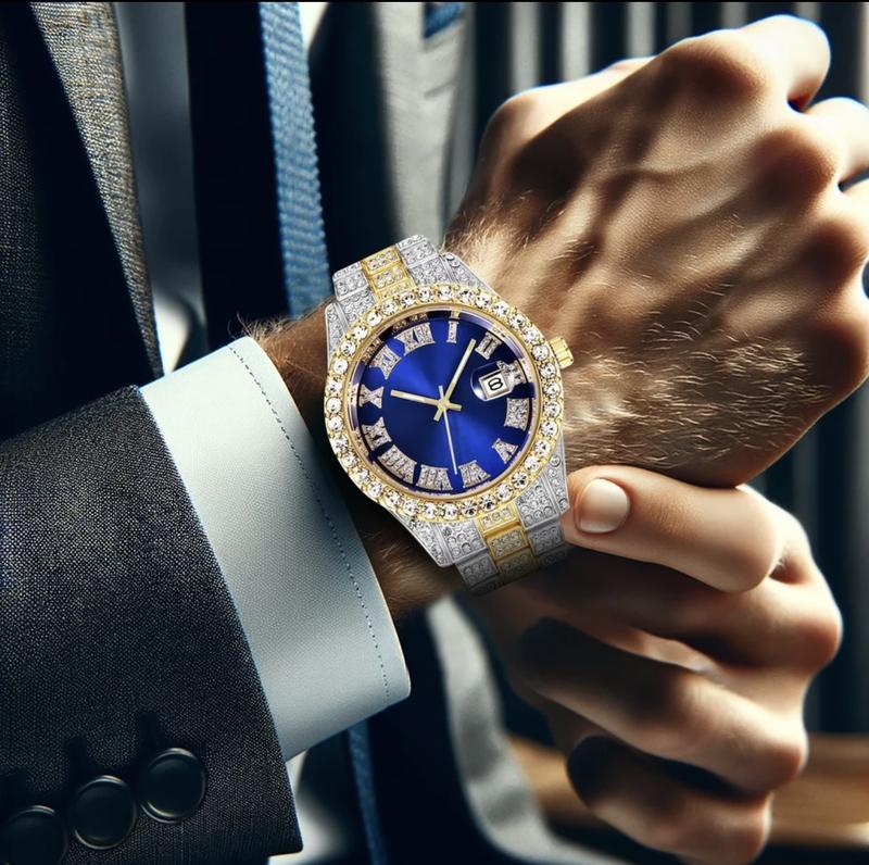Men's Icy Elegance Watch with Rhinestones and Date Display for Parties ...