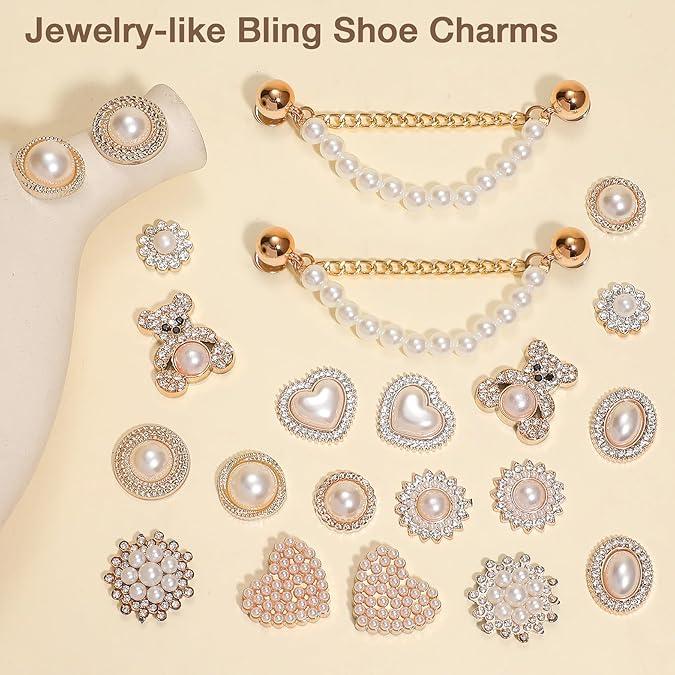 22Pcs Bling Rhinestones Pearls Shoe Charms with 2 Sparkling Shoe Chains ...