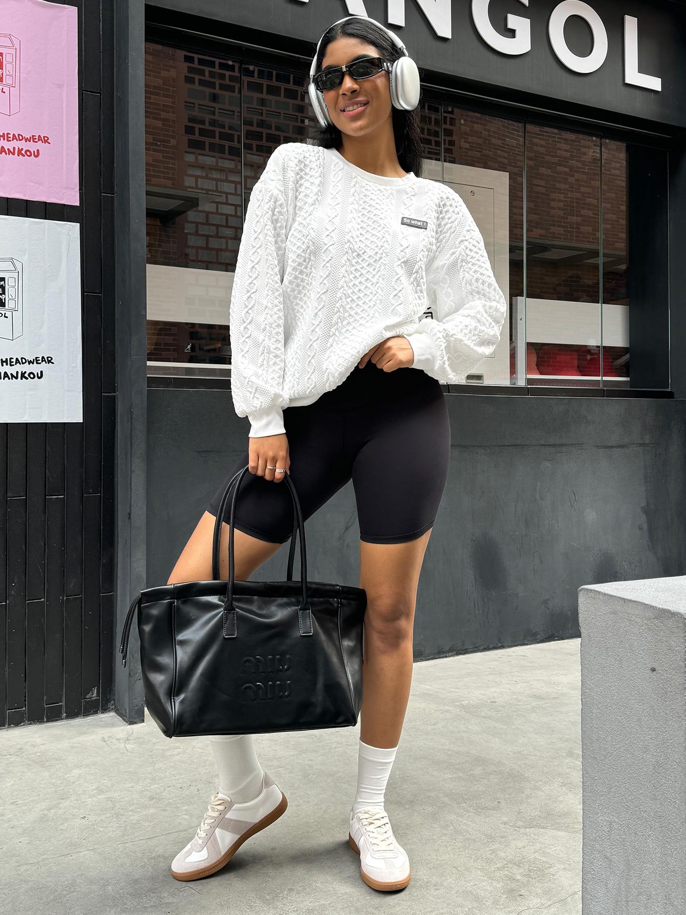 Women's White Textured Knit Sweatshirt - Oversized Pullover with Trendy ...