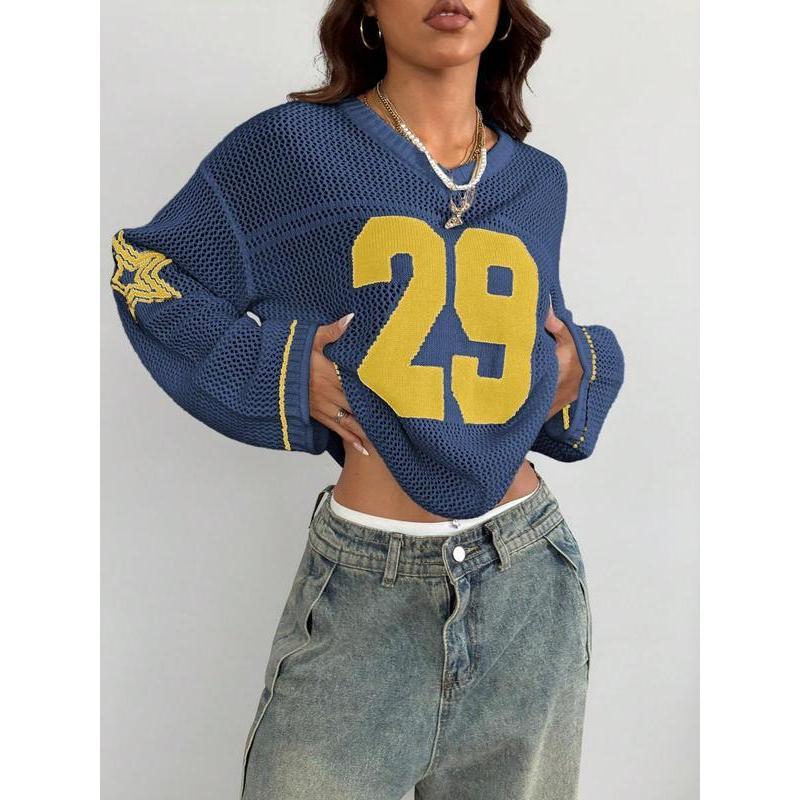 Women's Colorblock Figure Pattern Hollow Out Sweater, Casual Street ...