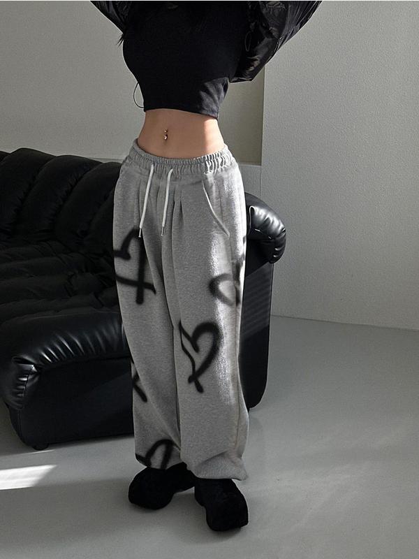 Women's Heart Print Drawstring Pants, Casual Sporty Wide Leg Pants for ...