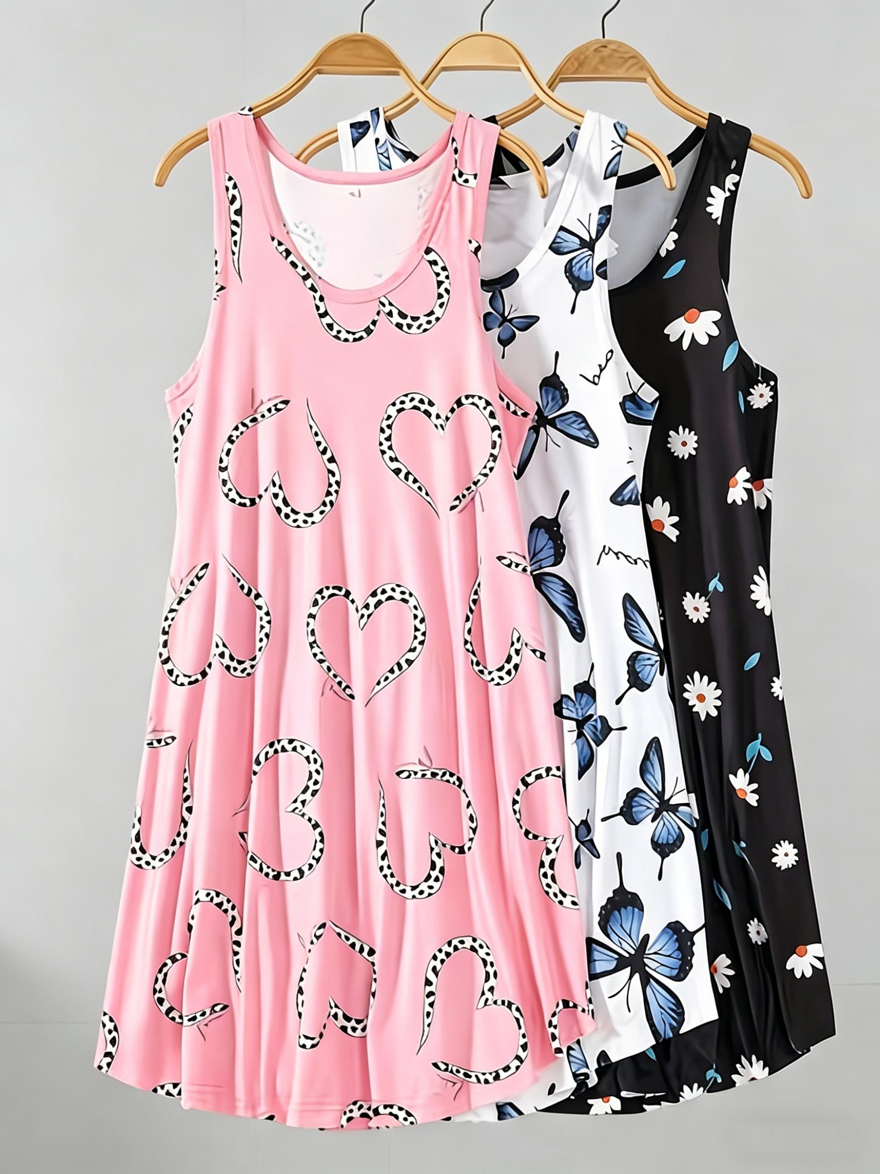 Women's Plus Size 3 Pack Tank Nightgowns, Casual Printed Sleeveless ...
