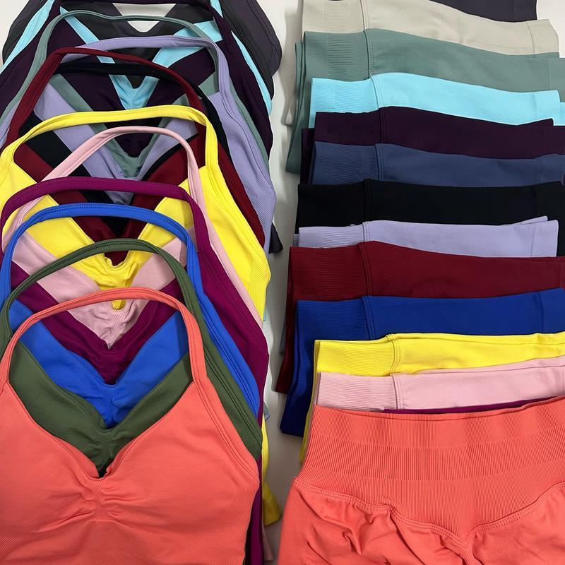 2 Pieces Women Set Seamless Longline Strappy Tank Scrunch Sports Shorts ...