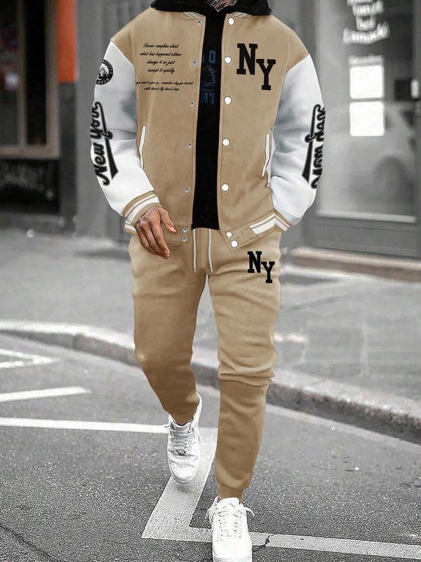 Two-Piece Set Men's Colorblock Letter Print Button Front Jacket ...